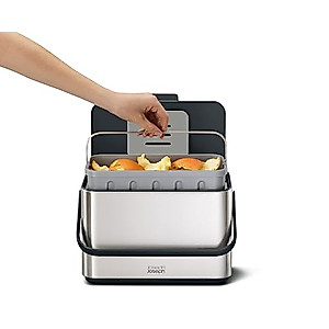 Joseph Joseph Collect 1.06 gallon/4 Liters Stainless Steel Food Compost Bin with Handle, Removable Inner Bucket and Bin Liners Storage, Includes Odor Filter and 3x Bin Liners