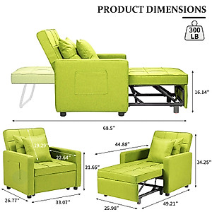 Convertible Chair Bed - Folding Sofa Bed Chair with Adjustable Backrest, 3-in-1 Multi-Functional Pull Out Sleeper Chair Bed Single Armchair Sofa Bed with Side Pocket (Green)