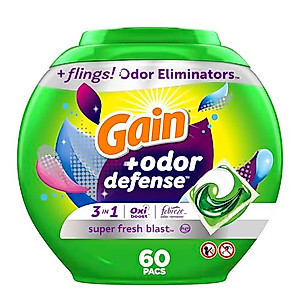 Gain Flings Laundry Detergent Pacs with Odor Defense 60 Ct Super Fresh HE 3in1 Detergent Pacs with Febreze and Oxi