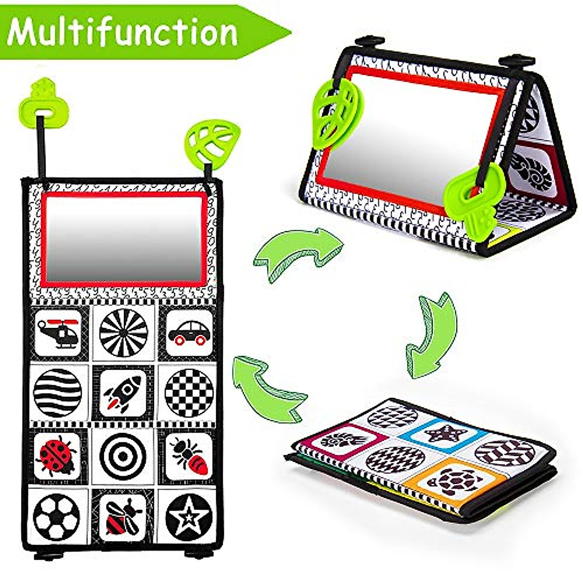 teytoy Tummy Time Baby Mirror Toys with Teethers, Double Black and White Tummy Time Toy High Contrast Baby Toys 0-6 Months, Foldable Baby Floor Mirror Sensory Development Toys for Infants Newborn