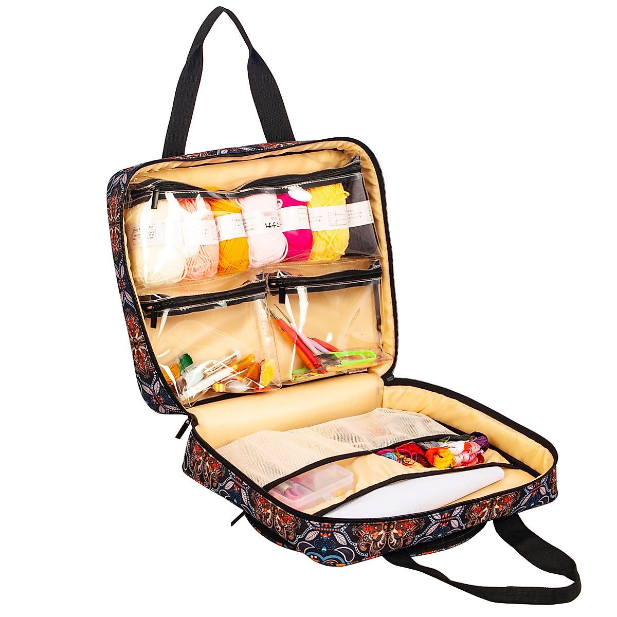 Remobia Hicol Portable Craft Kits Storage Bag Cross Stitch Starter Kits Bag Embroidery Project Bag Embroidery Tool Storage Tote Bag with Multifunctional Pockets, Bag Only (Colorful Pattern)