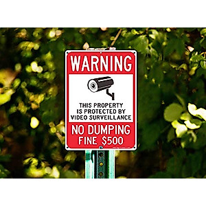 Warning No Dumping Fine $500 Sign, This Property Is Protected By Video Surveillance Sign, 14 x 10 Inches .040 Rust-Free Aluminum, UV Protected, Weather Resistant, Durable Ink, Easy to Mount (2 Pack)