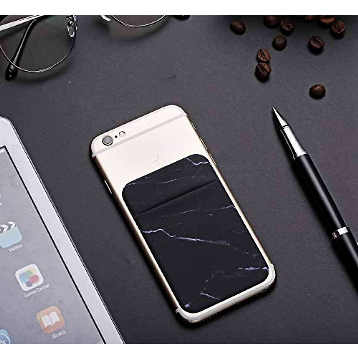 2Pack Marble Adhesive Phone Pocket,Cell Phone Stick On Card Wallet Sleeve,Credit Cards/ID Card Holder(Double Secure) with Sticker for Back of iPhone,Android and All Smartphones-Black&Purple Marble