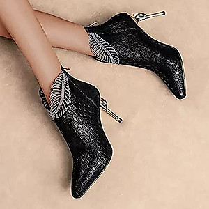 XIAwenYUAN Woman Fashion Pointed Toe Ankle Booties Stilettos Rhinestone Zipper Boots Sexy Stiletto with High Heel (Black, 7)