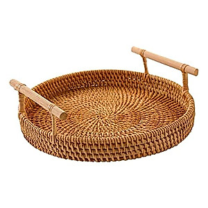 Ochine 1 Pack Wood Serving Tray Woven Serving Tray with Handles, Round Bread Serving Basket Poly-Wicker Basket Tray Decorative Rattan Fruit Tray for Serving Bread Vegetable Snack