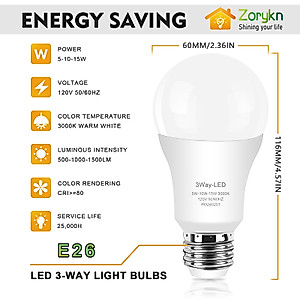 Zorykn 3 Way Light Bulbs 50 100 150 Warm White, A19 3000K, 5/10/15W Energy Saving 500 1000 1500 Lumens, E26 Base LED Bulbs Perfect for Reading, 2 Pack