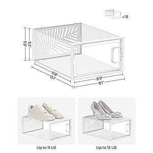SONGMICS Clear Shoe Boxes, Set of 18 Stackable Plastic Shoe Organizer, Breathable and Foldable Display Storage Bins, for Max. US Size 11, Sneakers, Transparent and White ULSP106W18