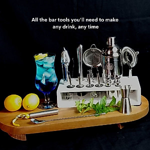 G2S Professional Bartender Kit and Cocktail Shaker Set with Stand - 17 Piece Stainless Steel Home Bar Accessories with Modern Bamboo Stand for Mixology Bartending and Drink Mixing (White)