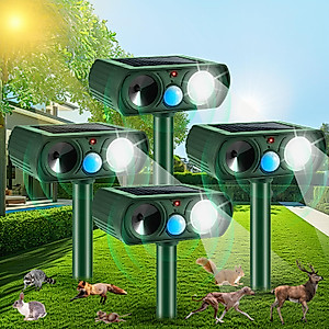 Upgraded Ultrasonic Animal Repeller Outdoor,4 Pack Solar Animal Repeller with Motion Sensor & Deterrent Light to Scare Cat Raccoon Rabbit Squirrel Skunk Dog Deer Repellent Devices for Yard Protection