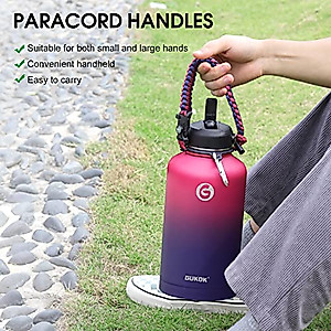 64 Oz Insulated Water Bottle With Straw & Paracord Handles & 2 Lids, Leak Proof Metal Water Jug, Hot Cold Stainless Steel Thermal Water Bottles, Half Gallon Large Water Flask for Sports, Gym