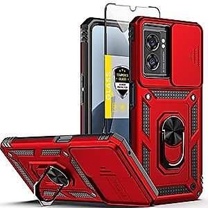 OnePlus Nord N300 5G Heavy Duty Armor Case + Tempered Glass, Shockproof Rugged Military Grade with Kickstand & Lens Protector - Red