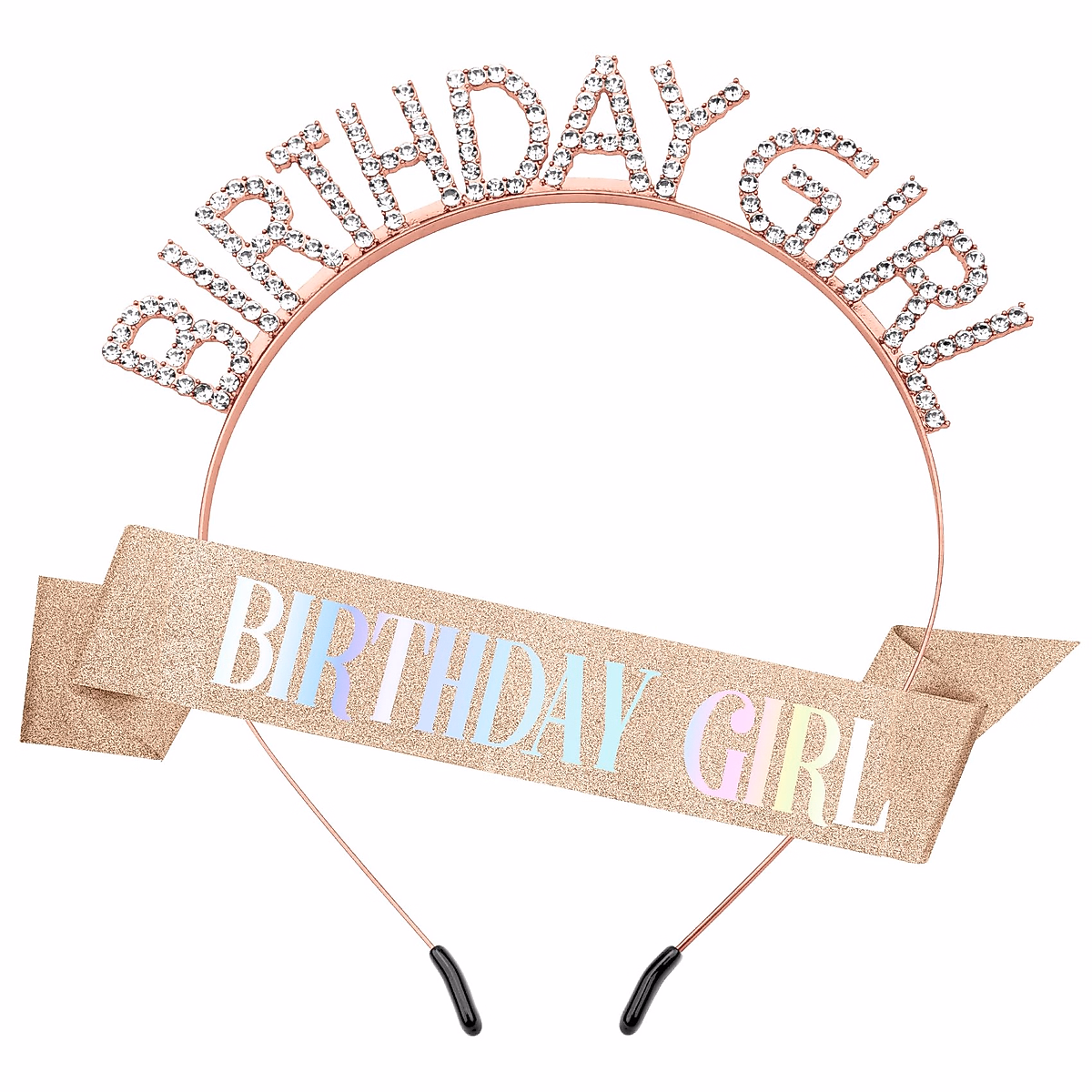 Birthday Sash Birthday Crown for Women, Birthday Girl Sash, Birthday Girl Crown, Glitter Rose Gold Birthday Sash and Crown Rhinestone Headband Set, Happy Birthday Girl Princess Tiara Sash Accessories