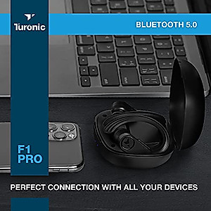 Turonic F1 Pro - True Wireless Earbuds - 45H Playtime, Charging case, Mic, IPX7 Waterproof Bluetooth Headphones w/Microphone - Sport Wireless Earphones with Earhook for Gym, Running, Workout - Black