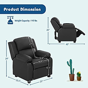 Costzon Kids Recliner, Leather Recliner Chair w/Footrest, Armrest Storage, Headrest & Lumbar Support, Ergonomic Lounge Chair for Living & Gaming Room, Adjustable Recliner Sofa for Boys Girls (Black)