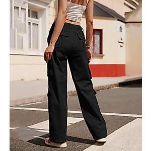 ZMPSIISA Women Pants High Waisted Cargo Pants Combat Military Wide Leg Casual Trousers 8 Pockets(Black,Small)