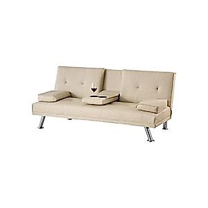 67" Leather Multifunctional Double Convertible Folding Futon Sofa Bed, Adjustable Couch Sleeper Modern for Office with 2 Cupholders, Removable Armrests (Beige)