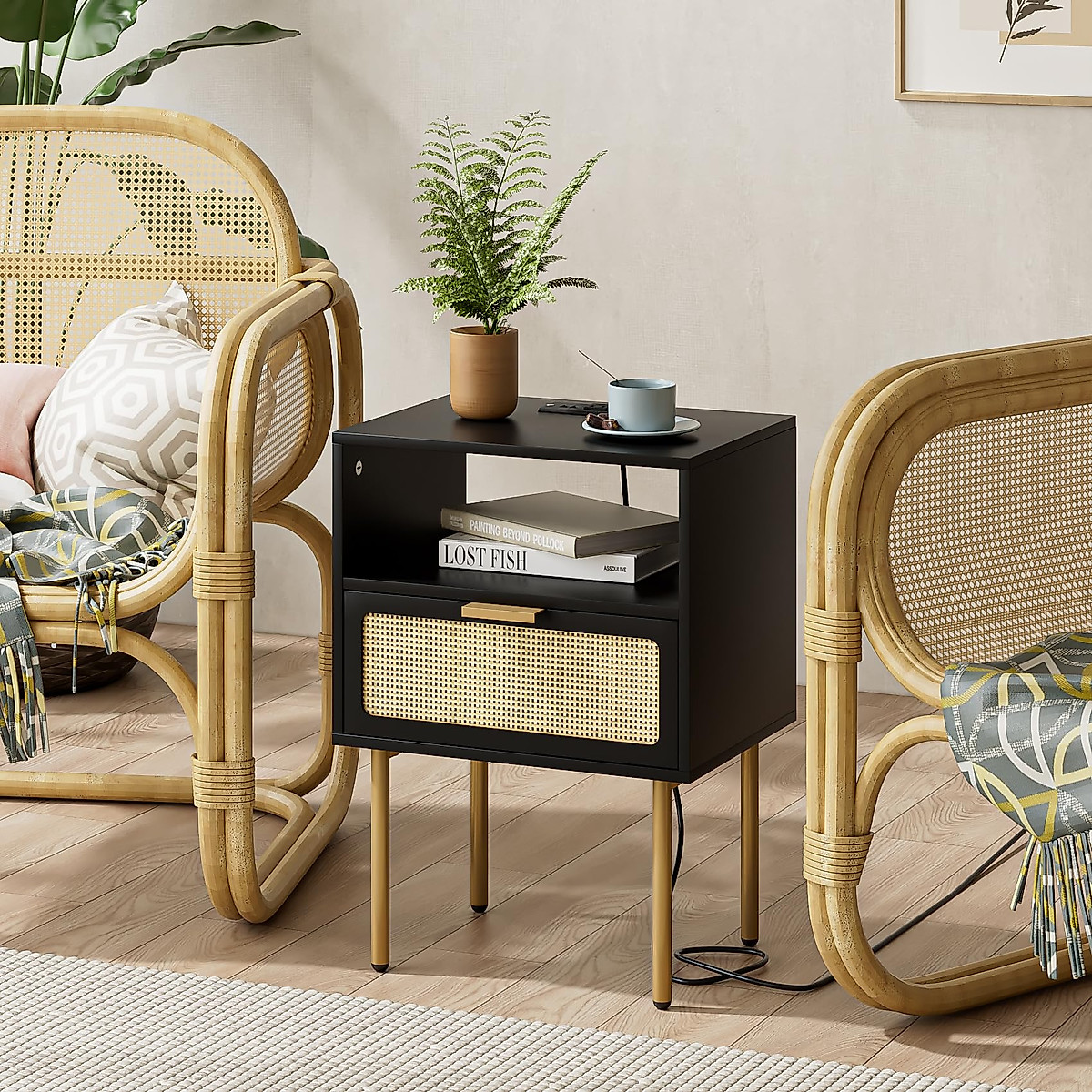 Aienvey Rattan Nightstand with Charging Station, Drawer Dresser for Bedroom, Small Bedside Table with Drawer, Night Stand, End Table with Gold Frame for Living Room, Black