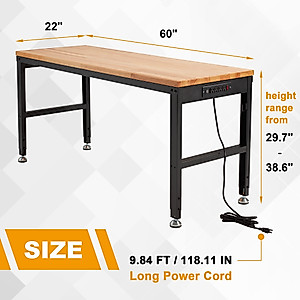AHB 60" Workbench Adjustable Height, Oak Wood Work Table with Power Outlets, Max 2000 LBS, Heavy Duty Workstation for Garage Party Shop Office Home(Black 60"x 22")