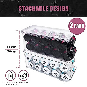 SCAVATA 2 Pack Soda Can Organizer for Refrigerator, Stackable Canned Food Pop Cans Container Can Holder Dispenser with Lid for Fridge Pantry Rack Freezer, Clear Plastic Storage Bins-Holds 10 Cans Each
