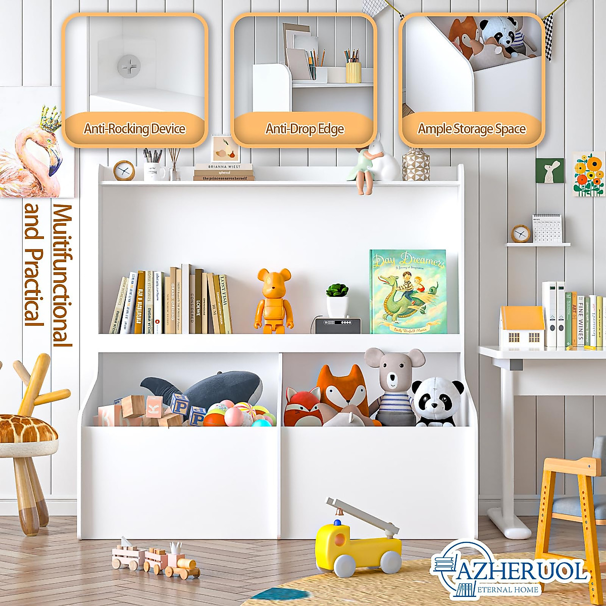 Azheruol Cubby Toy Storage Cabinet 3 Tier Wooden Children Bookcase,Toy and Book Storage Organizer Shelf for Playroom, Bedroom, Living Room, Nursery, School (White)