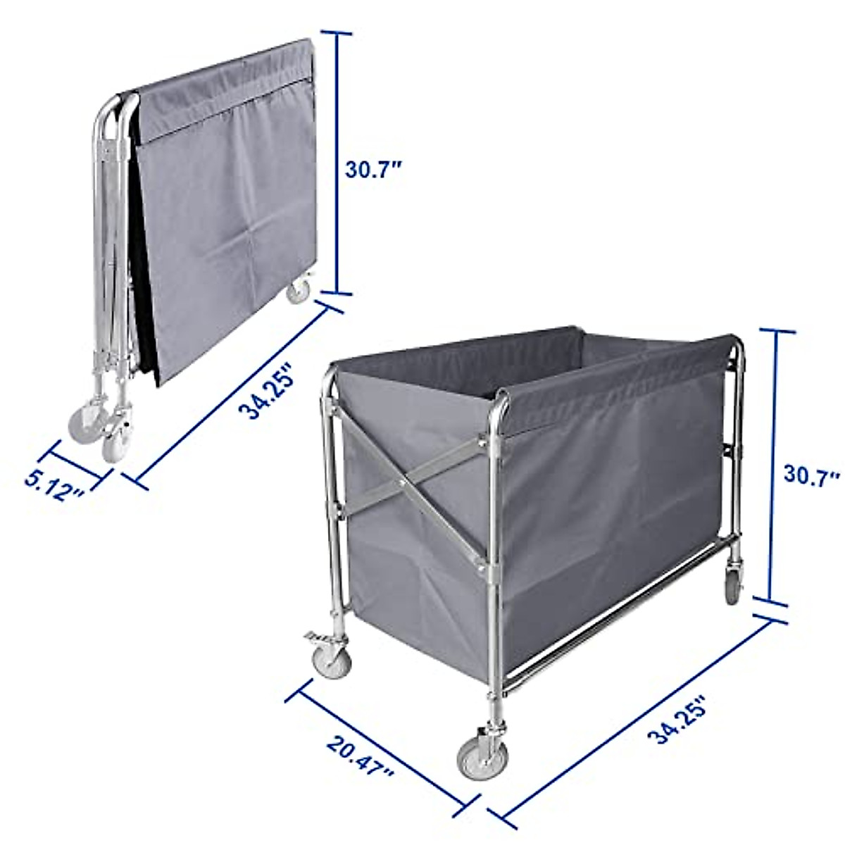 Folding Laundry Cart Commercial Rolling Laundry Basket Trucks with Wheels 440lbs Load Capacity Stainless Steel Laundry Trolley Cart for Industrial/Home 34 * 21 * 31inches (Gray)