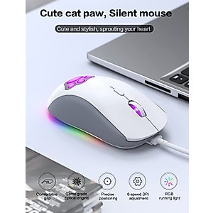 PHNIXGAM Cat Paw RGB Gaming Mouse, Silent Optical Computer Mice USB Wired with 6 Adjustable DPI Up to 7200, RGB Lighting, 6 Programmable Buttons for Windows/Vista/Linux (White)