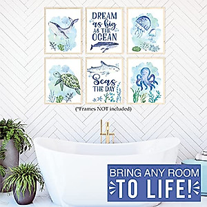6 Reversible 8x10 Watercolor Ocean Wall Art Prints, Beach Wall Decor For Bedroom Posters For Kids, Beach Bathroom Decor Wall Art Prints, Ocean Wall Decor For Room Posters, Beach Party Decorations For Wall Prints