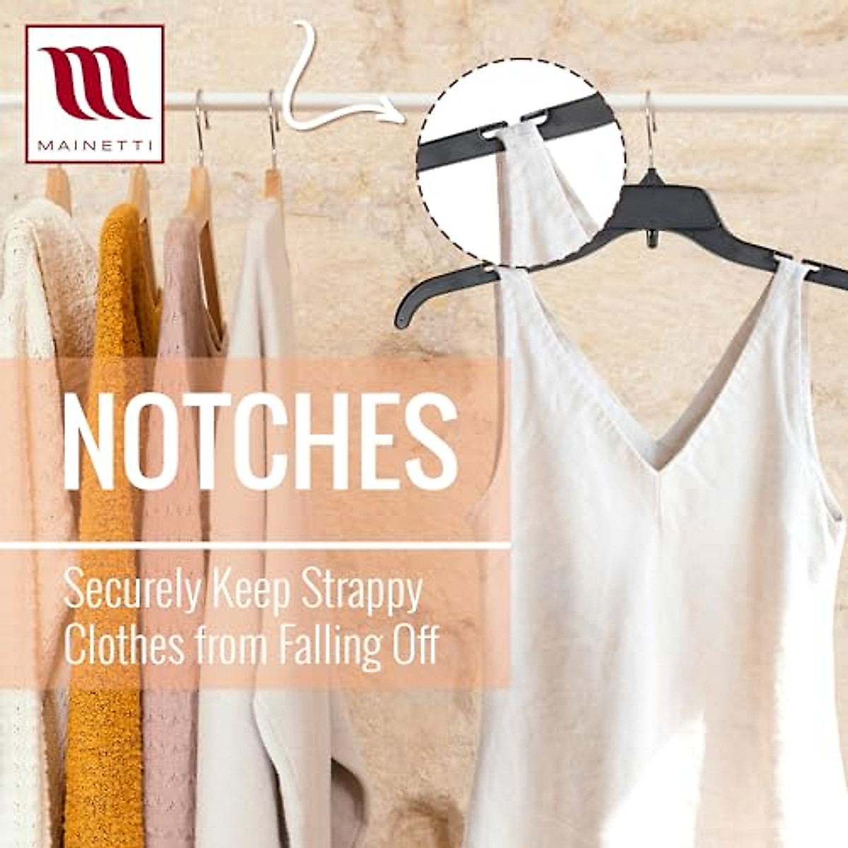 Mainetti 484 Recycled Black Plastic Hangers - 200 Pack with Rotating Metal Hook and Notches for Straps, Great for Shirts/Tops/Dresses, 17-Inch