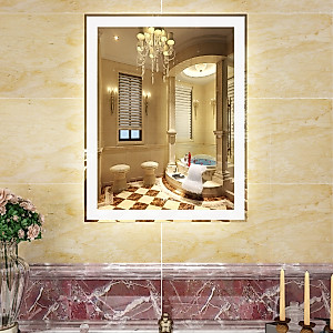 VOXITA LED Bathroom Mirror 28x22 inch Dimmable Anti-Fog Lighted Vanity Mirror, White Light/Warm Light by Optional Easy Hanging Vertical or Horizontal LED Mirror