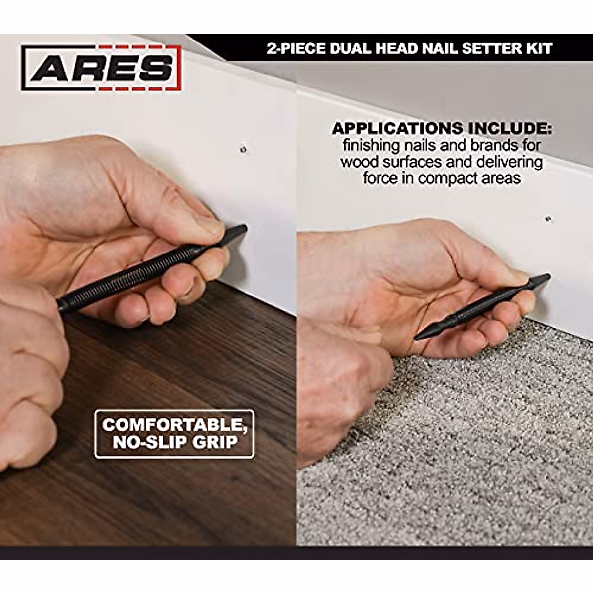 ARES 10013 – 2-Piece Dual Head Nail Setter Kit – Features 1/32-Inch (#1), 1/16-Inch (#2), 3/32-Inch (#3), and 1/8-Inch (#4) Dual Head Designs – CNC-Precision Machined – 5000 PSI Striking Force