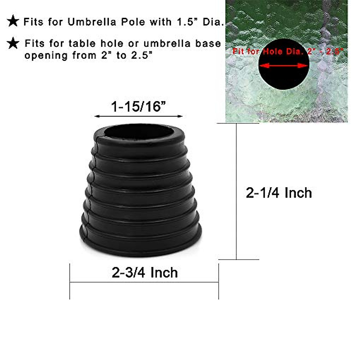 DGQ Patio Umbrella Cone Umbrella Wedge Plug for Patio Table Hole Opening 2-2.5 Inch (Black)