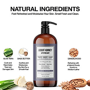 ABBOT KINNEY APOTHECARY 3 in 1 Moisturizing Men's Body Wash | Shampoo, Conditioner, & Body Wash for Men | Infused with Shea Butter & Aloe Vera | Paraben-Free, Wood Reserve, 32 Fl Oz