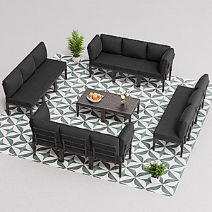 Knnbxa 14 Pieces Patio Furniture Set 12-Seat Metal Modular Outdoor Patio Conversation Sectional w/Thick Cushions and Coffee Table for Porch,Backyard,Lawn,Black(Dark Gray)
