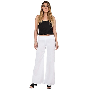 Standards & Practices S & P-Women's Linen-Cotton Wide Leg-Yoga-Pants with Fold-Over Elastic Waist Size S White