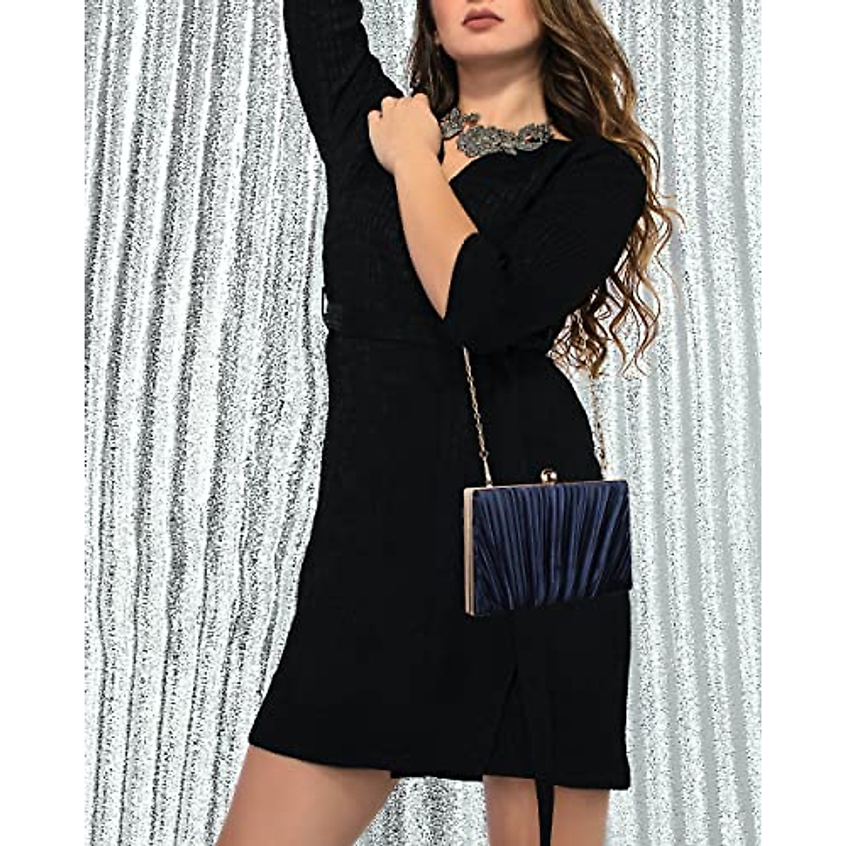 Goclothod Women Pleated Satin Shoulder Bag Party Evening Bag Clutch Purse