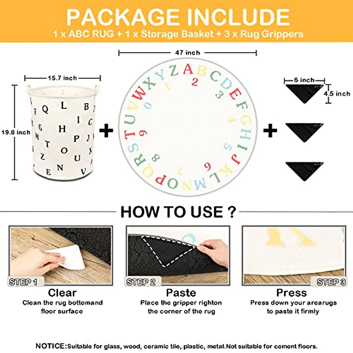 47" Colorful ABC Rug Kid Rug for Nursery Playroom Bedroom,4ft Circle Rugs with Storage Basket for Classroom,Round Baby Play Mat with Carpet Gripper (47inch,Rainbow)