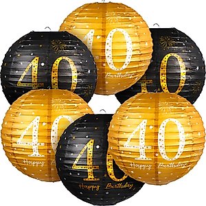 6 Pieces Birthday Party Decorations Hanging Paper Lanterns Black Gold Glittery Anniversary Party Birthday Sign Decorations for Men Women Teen Birthday Party Decorations Supplies (40th Style)