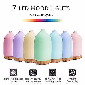 Gooamp 100ML Ceramic Diffuser,Aromatherapy Diffuser,Essential Oil Diffuser with 7 Color Lights Auto Shut Off for Home Office Room,Wood Grain Base (0.5/1/2/ON hrs Working time)