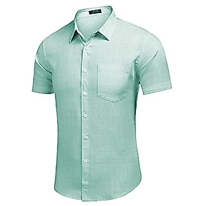 COOFANDY Mens Shirt Casual Button Down Chambray Plain Dress, Linen - Light Green, Large, Short Sleeve