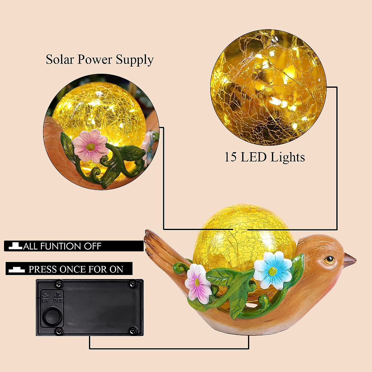 CTgift Garden Bird atue, Garden Bird Sculptures with Solar LED Lights for Artiic Deration of Outdoor Sidewalks, Patios, and Lawns