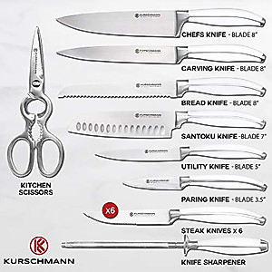 Kurschmann 15-Piece Knife Set CLEARANCE in Upright Acacia Block, White Handles with Stainless Steel Chef's Knife, 6 Steak Knives + Santoku, Bread, Carving, Paring, & Utility Knife + Scissors & Rod
