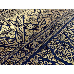 Amornphan 44 Inches Blue and Gold Traditional Thai Silk Damask Fabric for Wedding Dress Skirt by The Yard