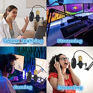 Studio Condenser USB Microphone Computer PC Microphone Kit with Adjustable Scissor Arm Stand Shock Mount, for PC Computer Recording Podcasting YouTube Karaoke Gaming Streaming Teaching Guarda GD100