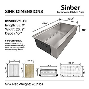 Sinber 36" x 20" x 10" Farmhouse Apron Single Bowl Workstation Kitchen Sink with 16 Gauge 304 Stainless Steel Satin Finish 6 Accessories KSS0006S-OJ