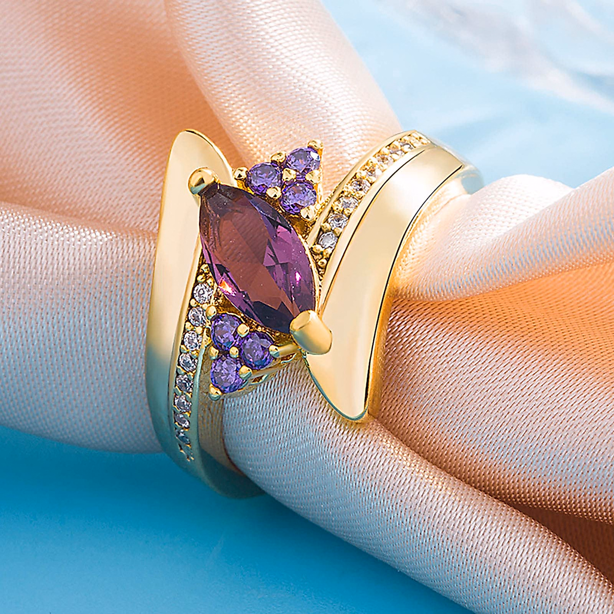 AIMAOMI Women CZ Simulated Diamond Ring Inlaid Zircon Engagement Ring Wedding Band for Bride Elegant Jewelry (Purple, 6)