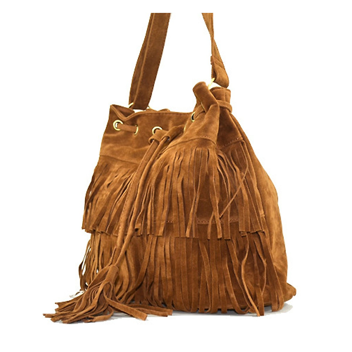 Heidi Bag Women's Fringed Bucket Purse Tassel Faux Suede Shoulder Bag Ring Top-Handle Crossbody Bag (brown)