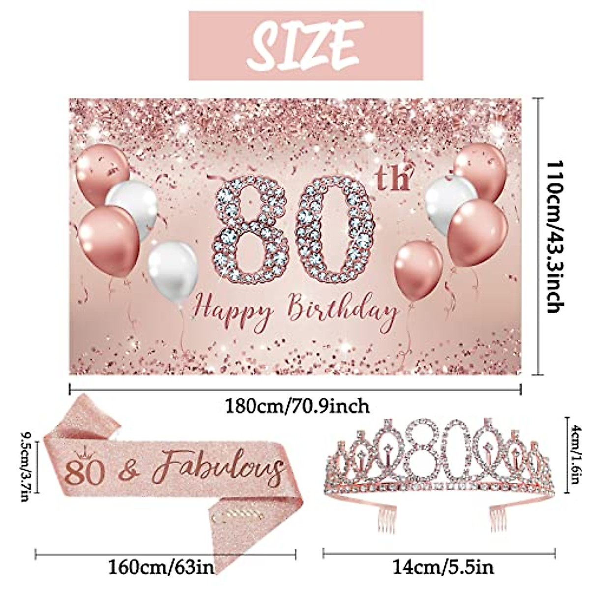 Trgowaul 80th Birthday Decorations for Women, Rose Gold 80th Birthday Backdrop Banner, 80 & Fabulous Sash, 80th Birthday Tiara Crown, Pink Party Supplies, Happy 80 Year Old Birthday Ideas Favor