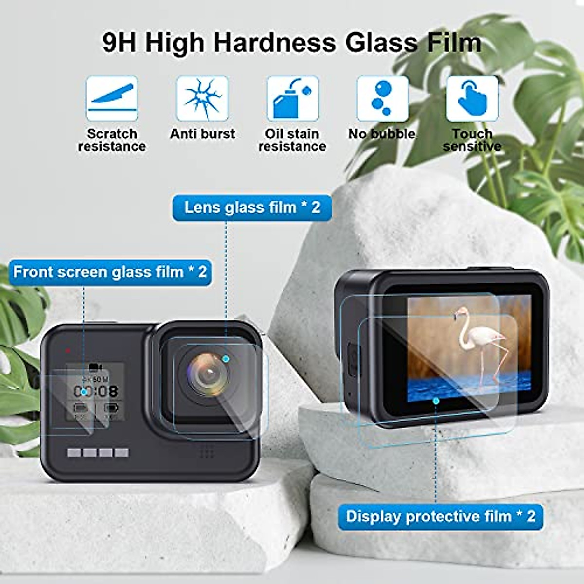 Accessories Kit for GoPro Hero 8 Black, Silicone Rubber Protective Case with Stretchable Lanyard + 6Pcs Ultra Clear Tempered Glass Screen Protector for Go Pro 8