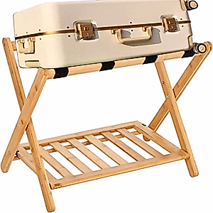 Folding Luggage Rack for Guest Room Foldable luggage Racks for Suitcase Stand with Nylon Straps,Luggage Stand Double Tiers Bamboo Luggage Holder with Shelf for Bedroom,Hotel,No Assembly Required