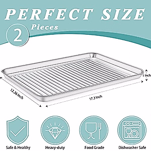 Baking Sheet Cookie Sheet Set of 2, Deedro Stainless Steel Baking Pan Professional Oven Tray Half Sheet Rectangle Size 17.3 x 12.3 x 1 Inch, Nontoxic & Rust Free & Dishwasher Safe